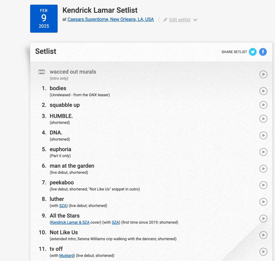 SZA & Sam Jackson Join Kendrick Lamar at Super Bowl | setlist.fm